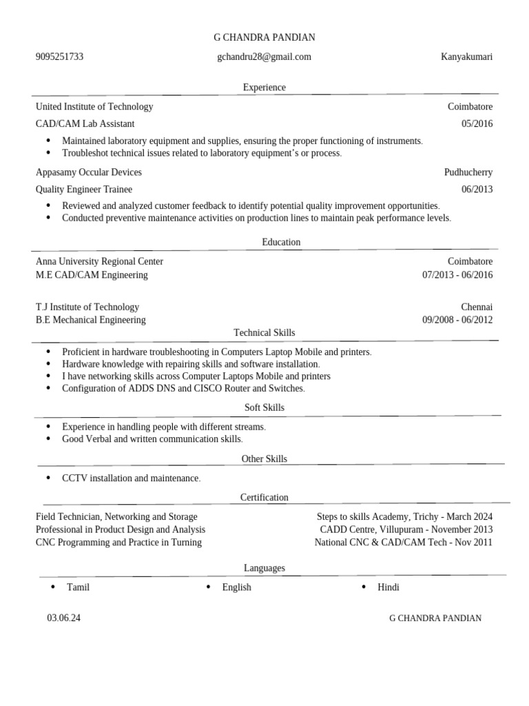 Chandra Pandian - Resume | PDF