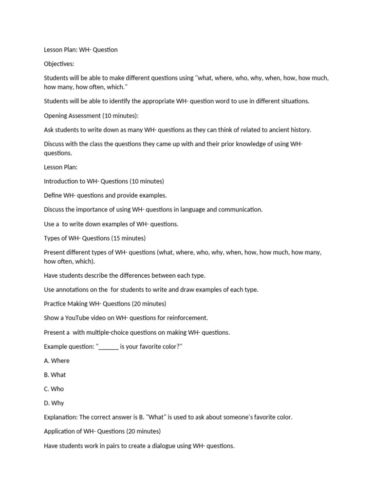 Lesson Plan WH Question | PDF
