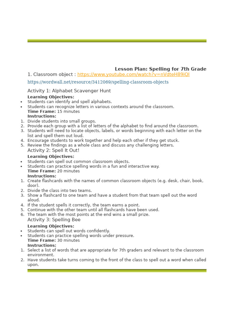 Lesson Plan Spelling | PDF