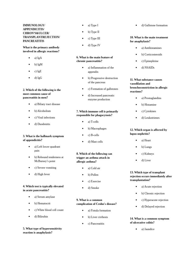 Immunology Appendicitis Chron's&ulcer Transplantrejection Pancreatitis ...