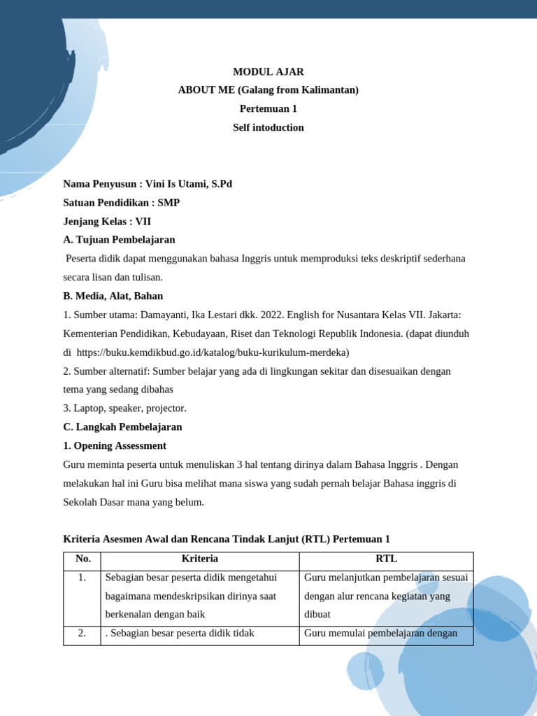 Modul Ajar Unit 1 Pertemuan 1 Self Introduction Kelas Vii | PDF