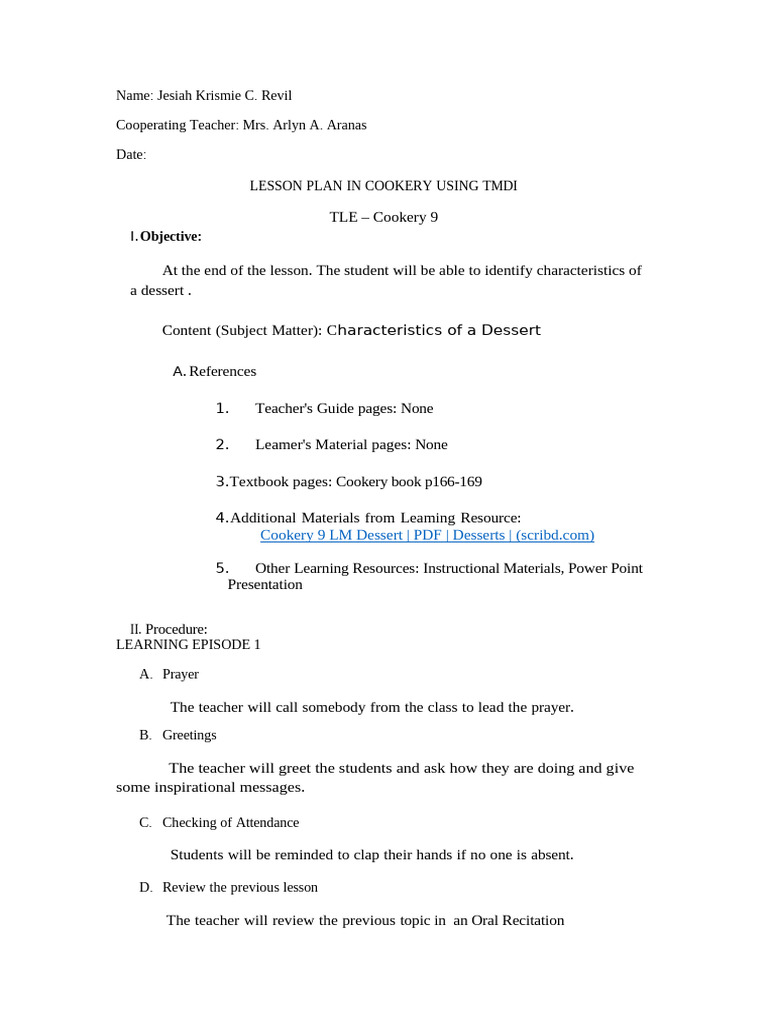 Lesson Plan - Characteristics of Dessert - Cookery | PDF