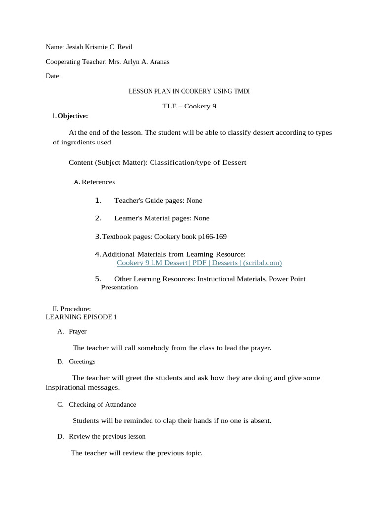 Lesson Plan - Classification of Dessert - Cookery | PDF