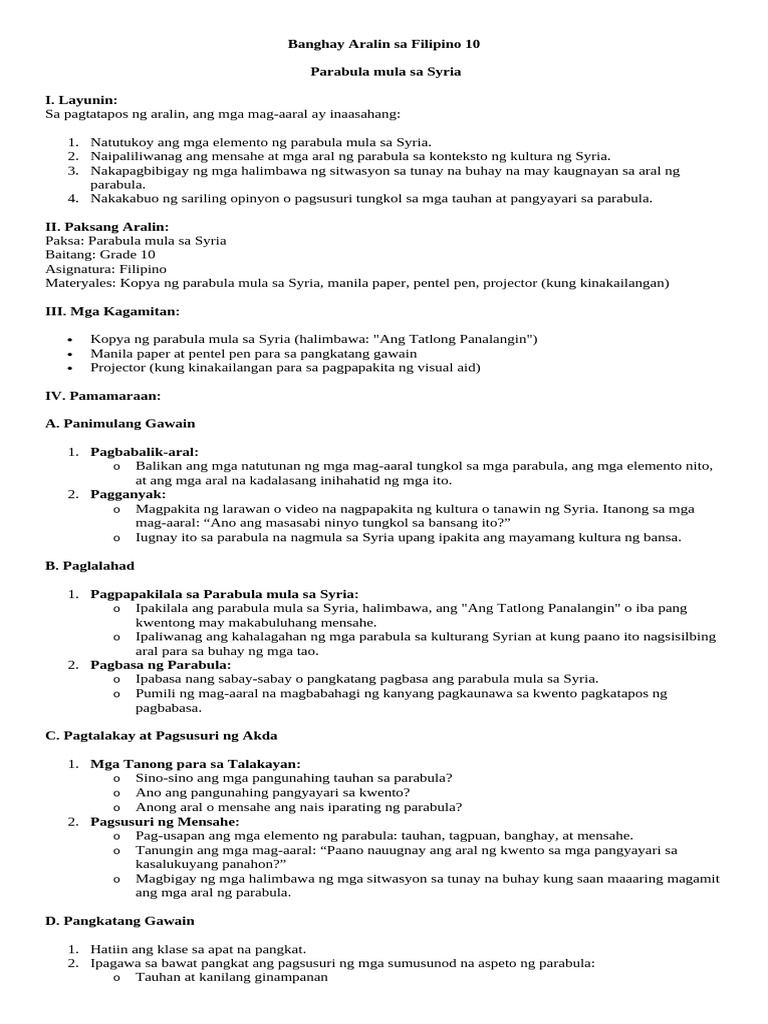 Banghay Aralin Sa Filipino 10 Parabula | PDF