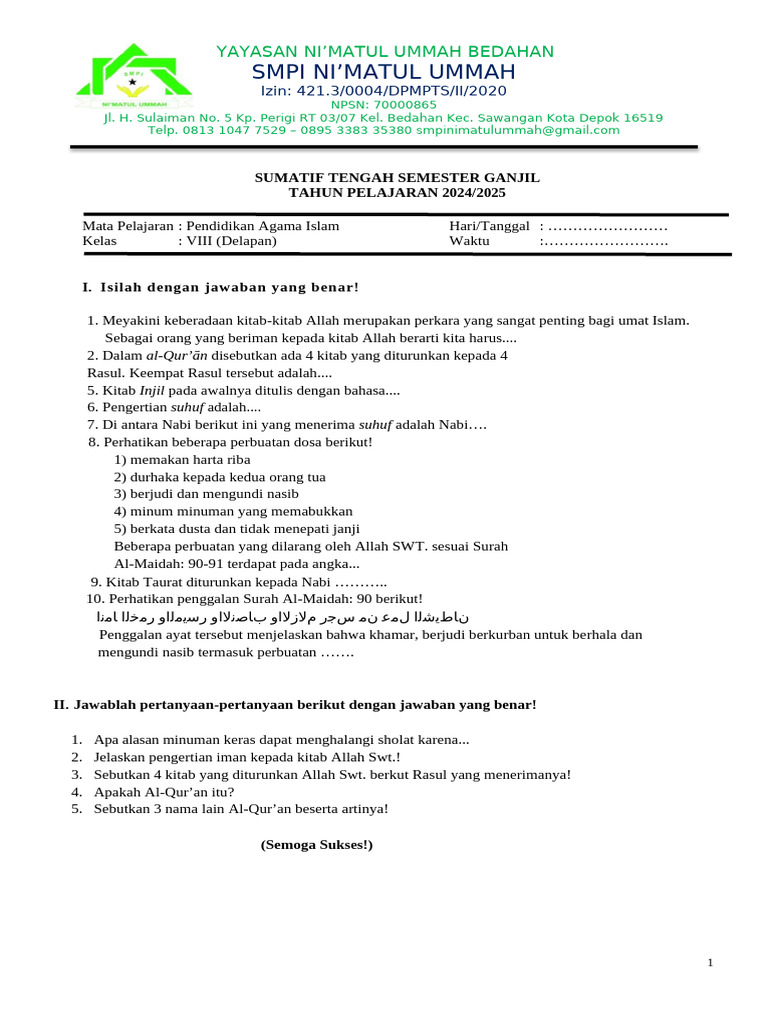 Soal PTS PAI Kelas VIII Ganjil | PDF