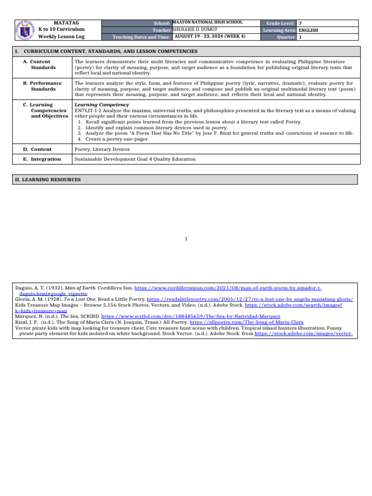 DLL Matatag - English 7 q1 w4 | PDF