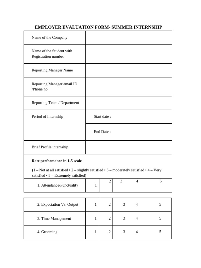 Summer Internship Evaluation Form | PDF