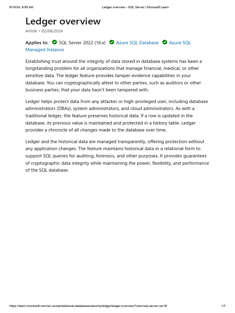 Ledger Overview - SQL Server - Microsoft Learn | PDF