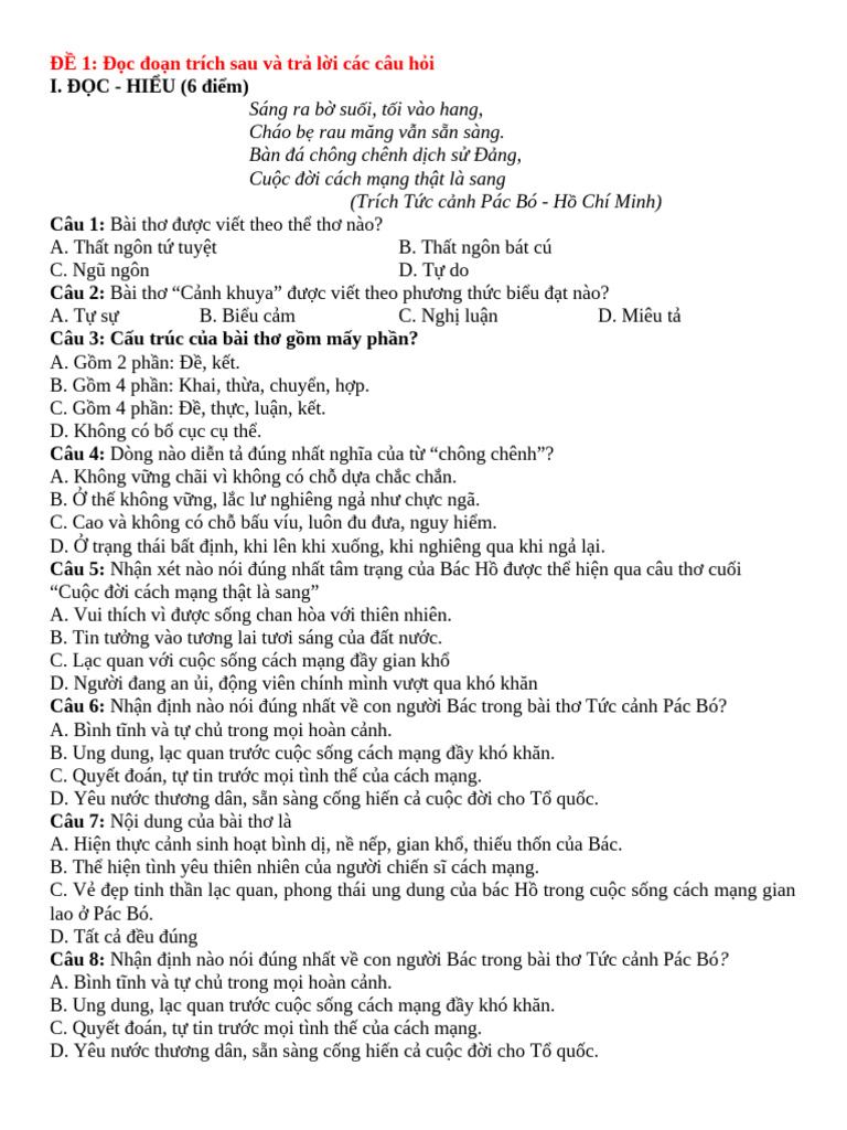 ĐỀ THI VĂN 8 GIỮA KÌ 2 HOC SINH LÀM Ở NHÀ | PDF