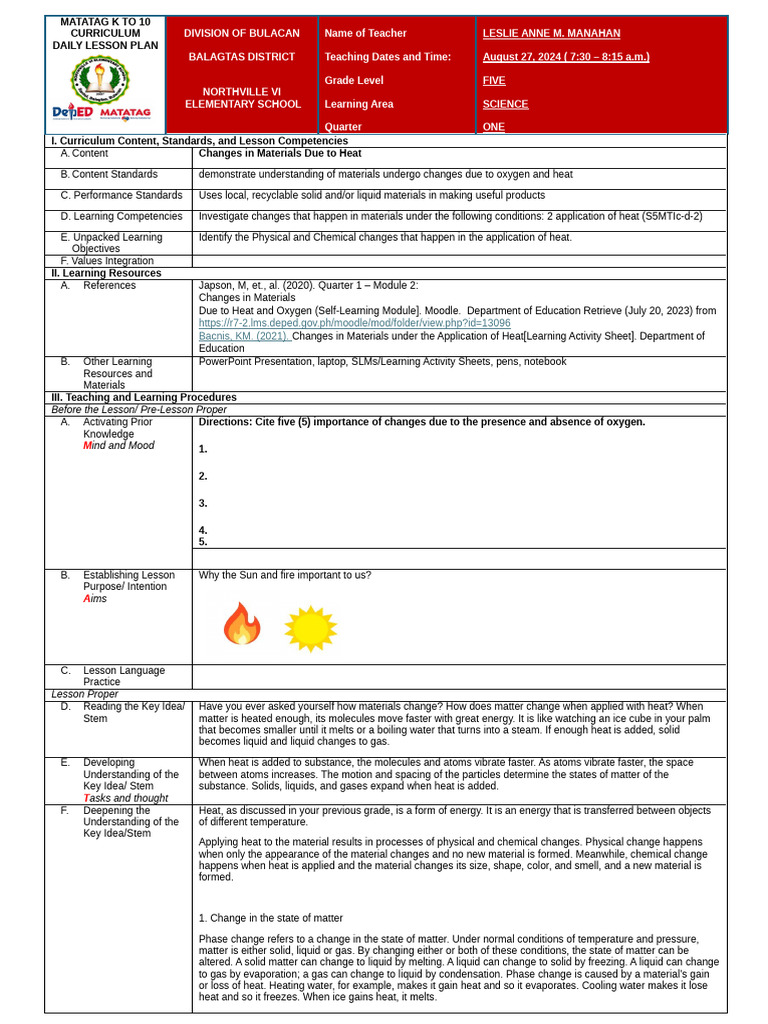 Matatag-Daily-Lesson-Plan-Science-Grade 5-Week5 | PDF