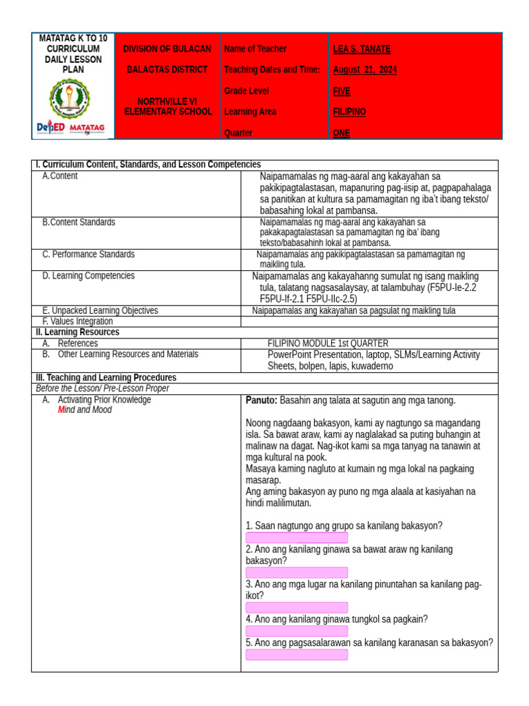 Matatag Daily Lesson Plan - Filipino Aug. 21 2024 | PDF
