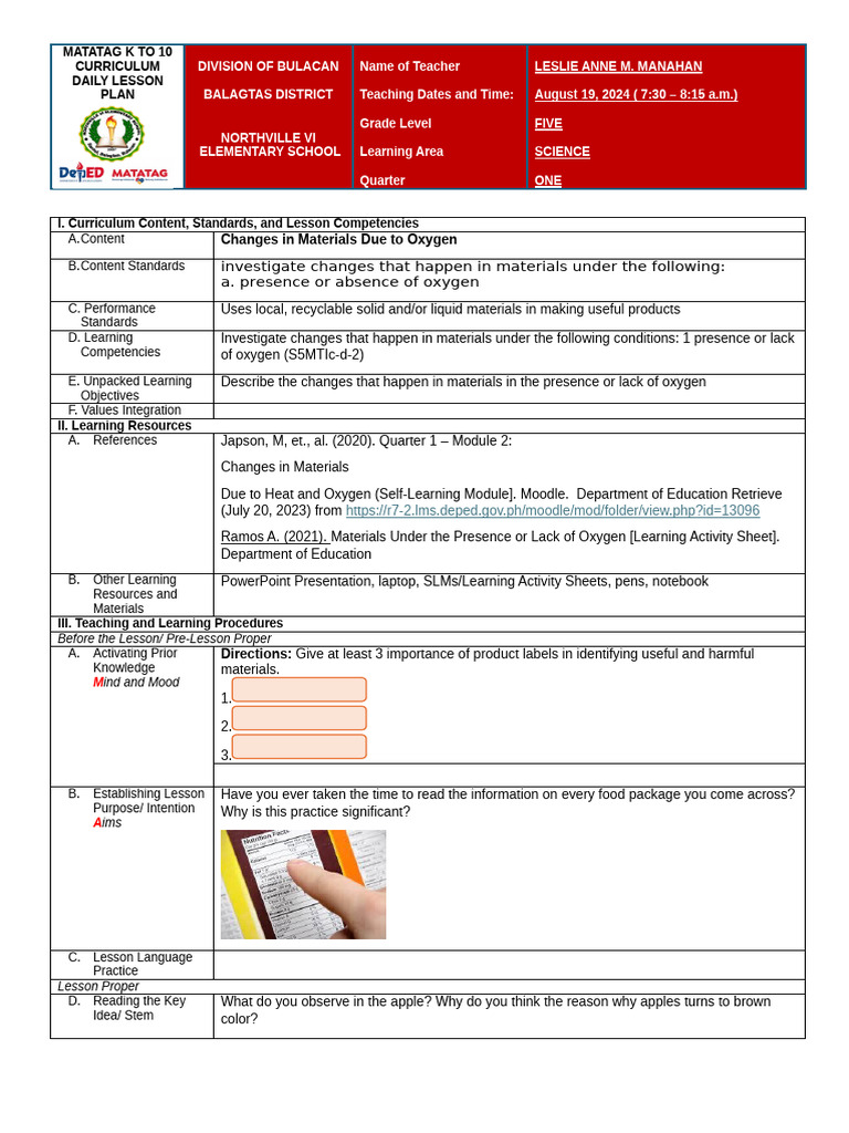 Matatag-Daily-Lesson-Plan-Science-Grade 5-Week4 | PDF