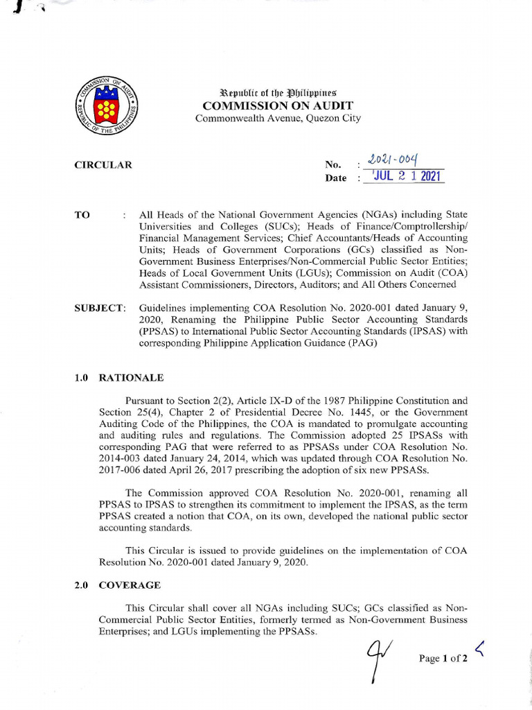 COA Circular No. 2021-004 Renaming PPSAS To IPSAS | PDF