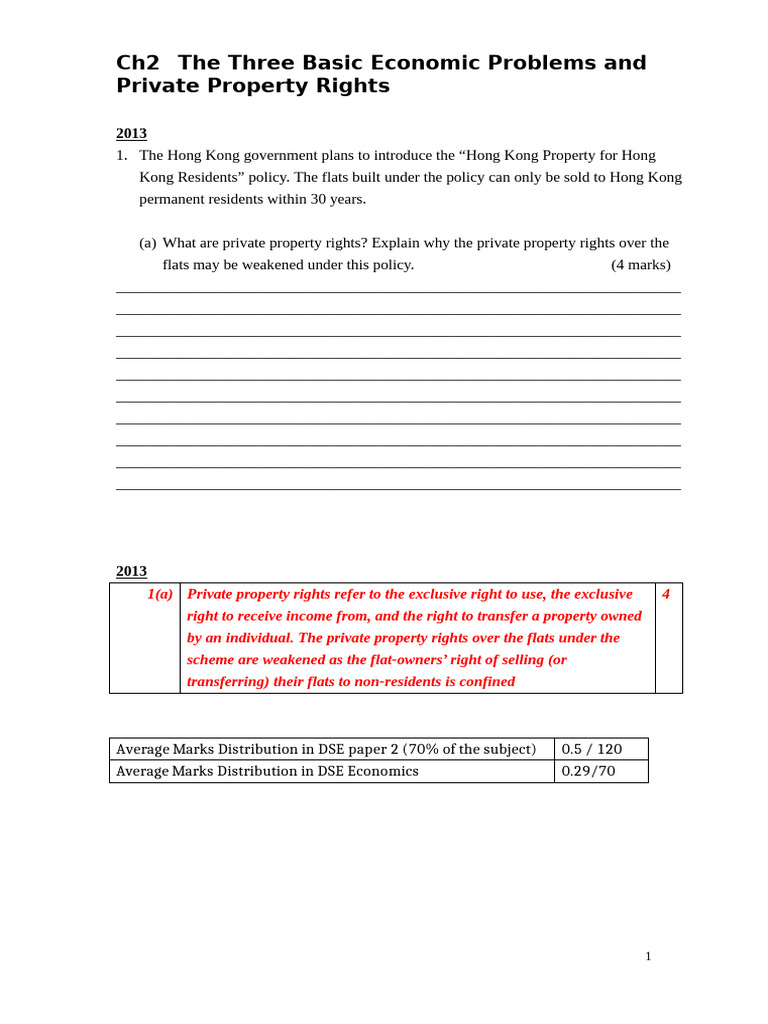 Ch. 2 - The Three Basic Economic Problems and Private Property Rights (SQ+LQ) | PDF