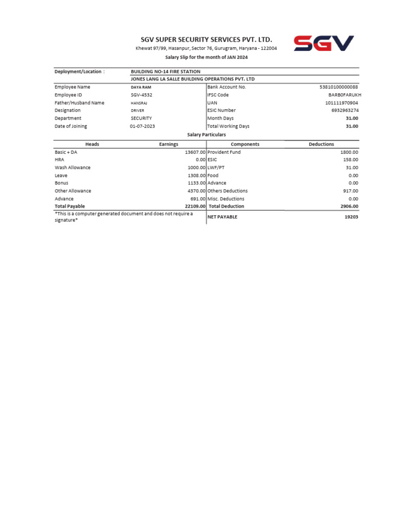 251-Building No-14 Fire Station Wages Slip Jan-2024 | PDF | Salary ...