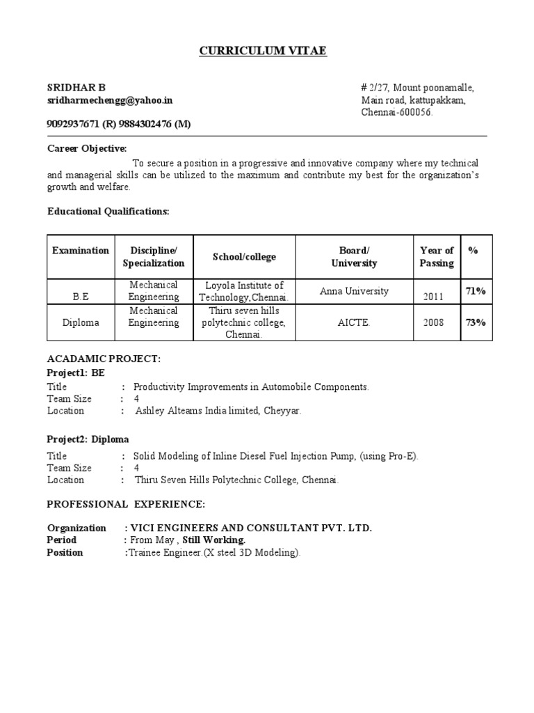 Sridhar Resume | PDF | Mechanical Engineering | Engineering