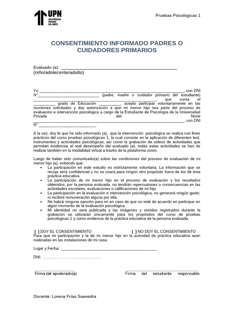 Consentimiento Informado Padres o Cuidadores Primarios (Niños) | PDF