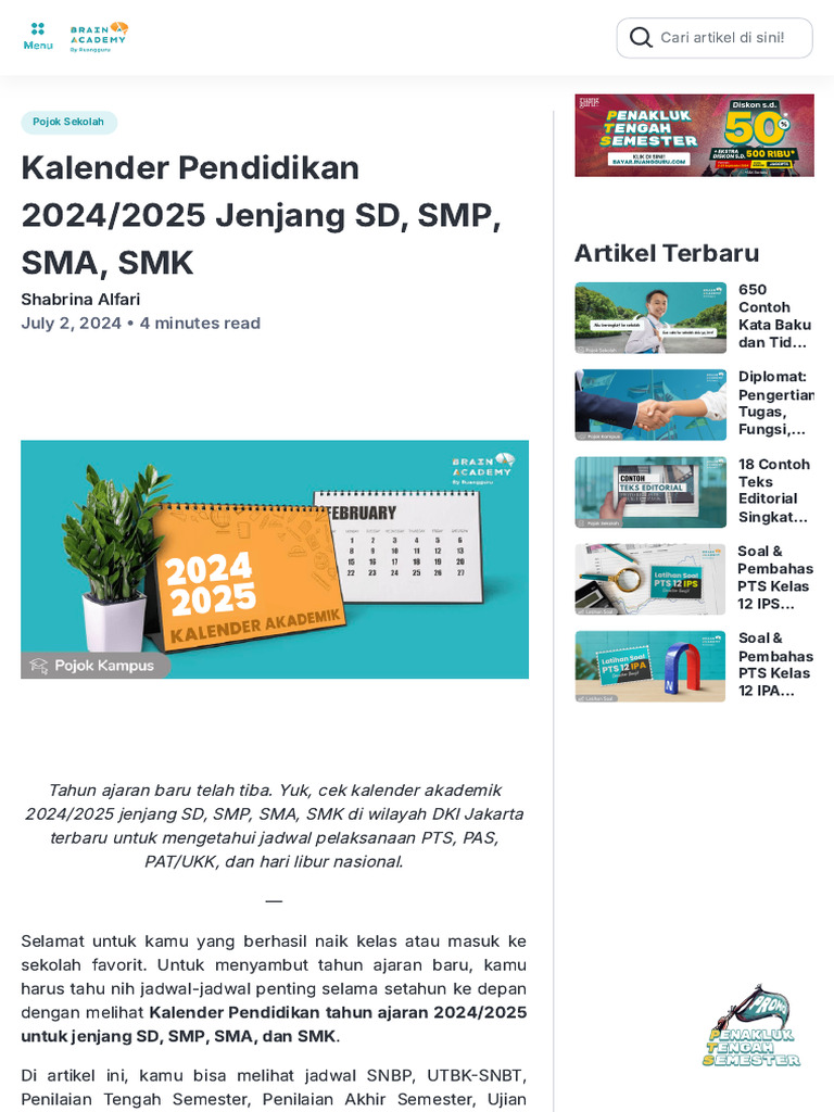 Kalender Pendidikan 2024 - 2025 Jenjang SD, SMP, SMA, SMK | PDF