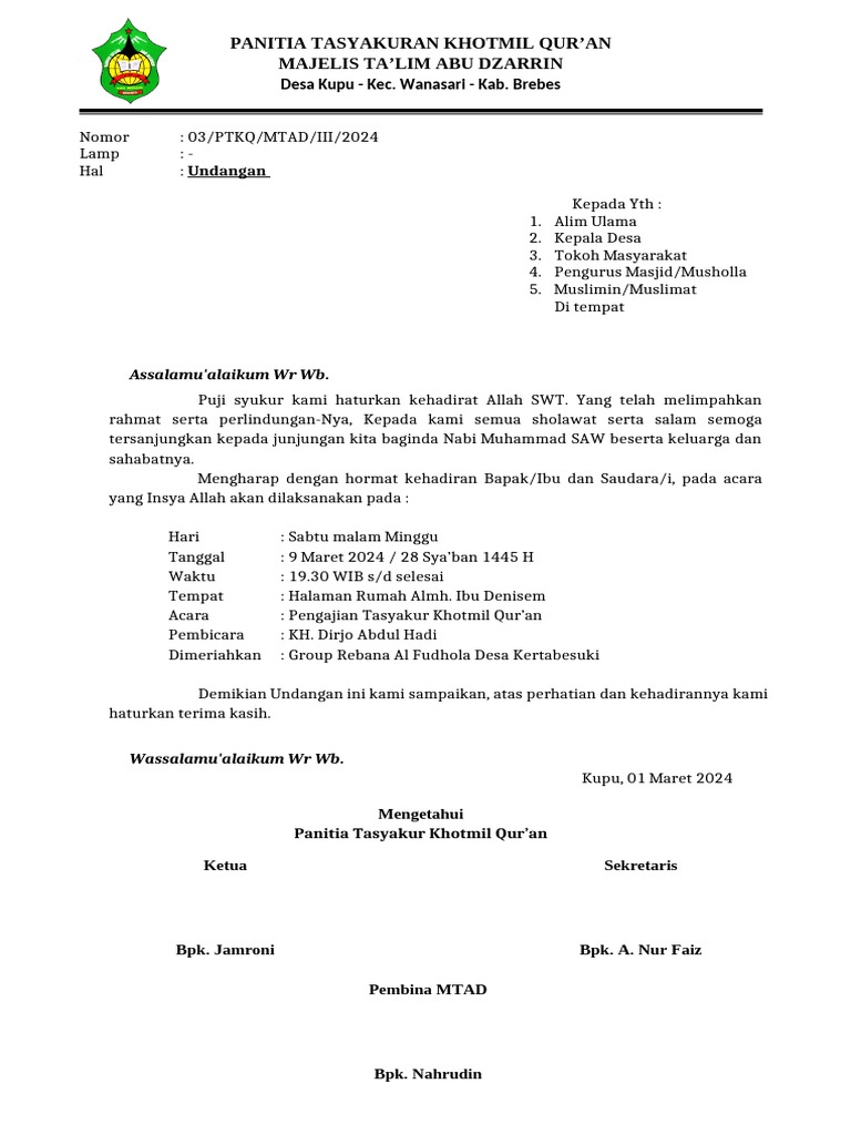 UNDANGAN MADRASAH Kupu | PDF
