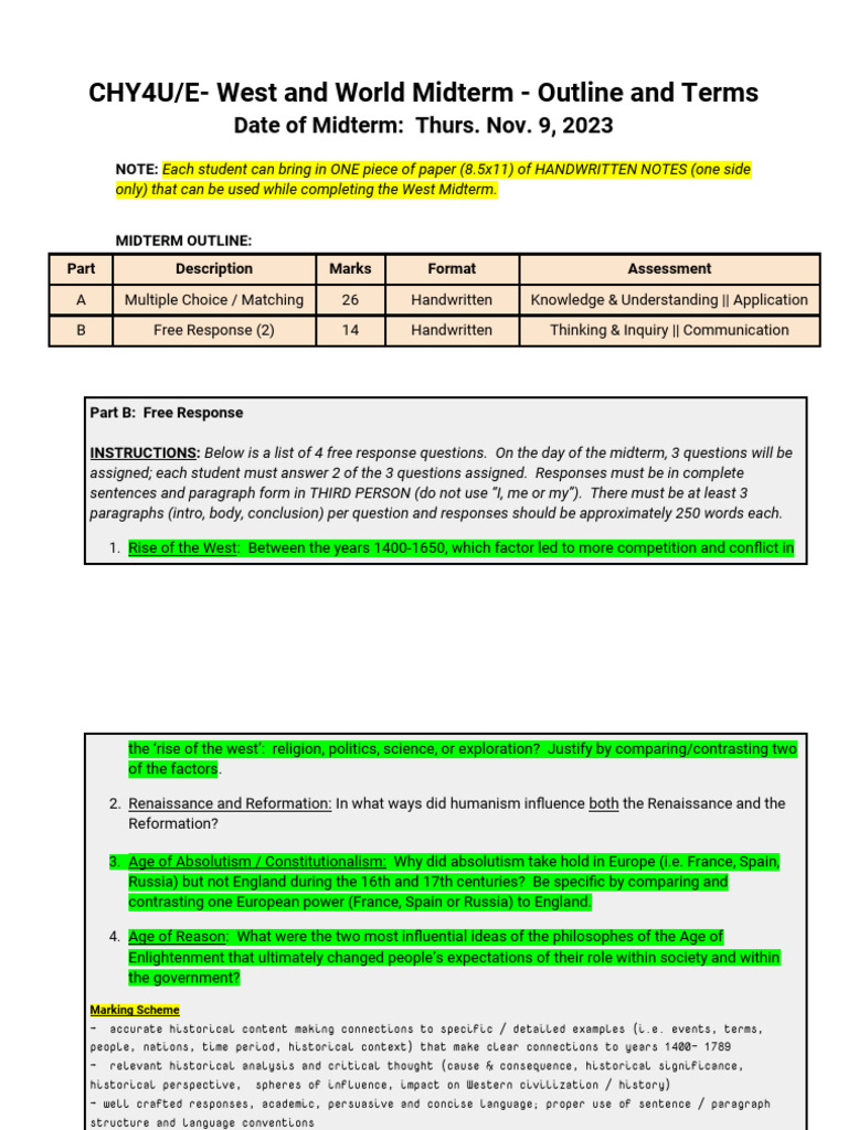 West and World Midterm Outline (CHY4U) - Nov. 2023 | PDF