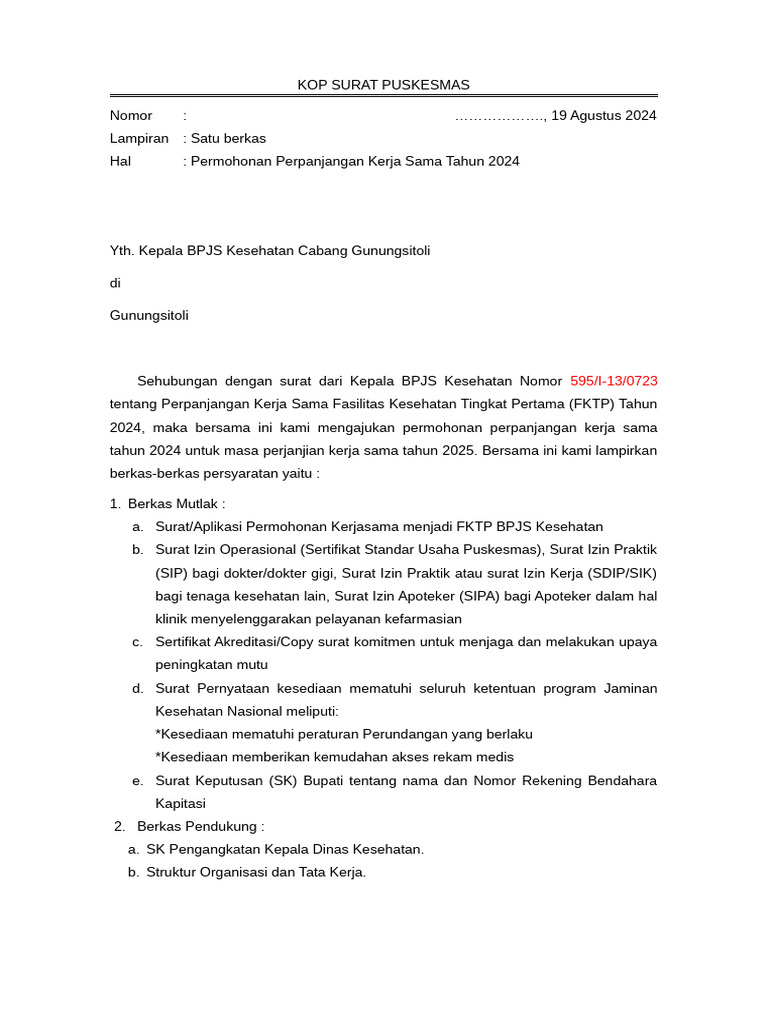 Contoh Surat Permohonan Perpanjangan Kerja Sama PUSKESMAS | PDF | Sains & Matematika