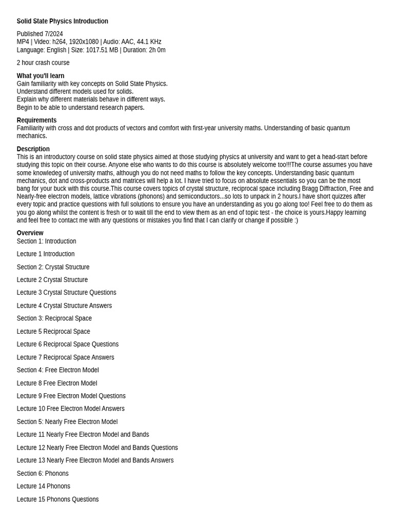Solid State Physics Crash Course | PDF | Phonon | Technology & Engineering