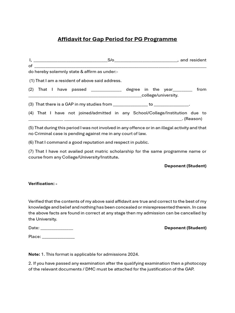 Gap Year Affidavit Format PG | PDF