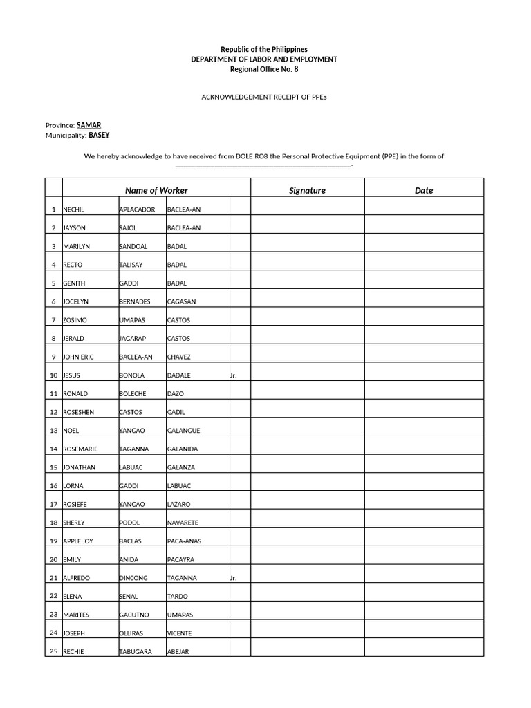 Personal Protective Equipment Acknowledgement Receipt PPEAR 1 | PDF