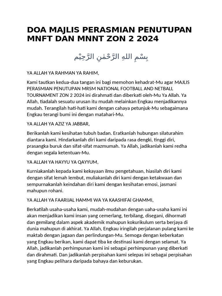 Doa Majlis Perasmian Penutupan MNFT Dan MNNT Zon 2 2024 | PDF