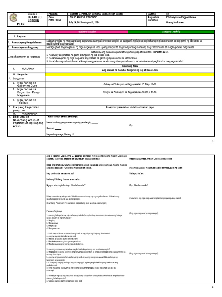 Detailed Lesson Plan: Teacher's Activity Students' Activity | PDF