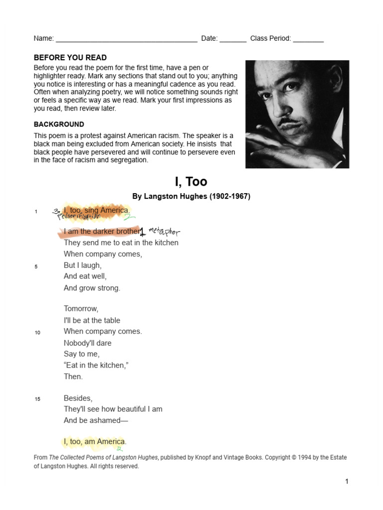 SLAM - Langston Hughes Poem - I Too | PDF