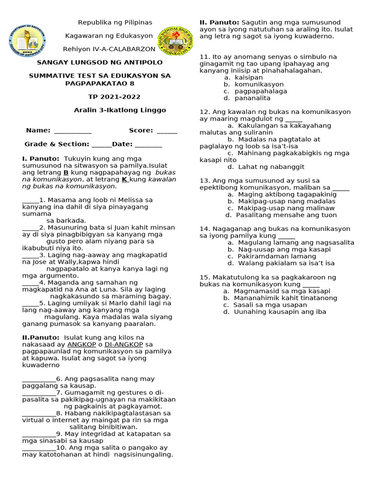 Esp 8 Summative Week 3 | PDF