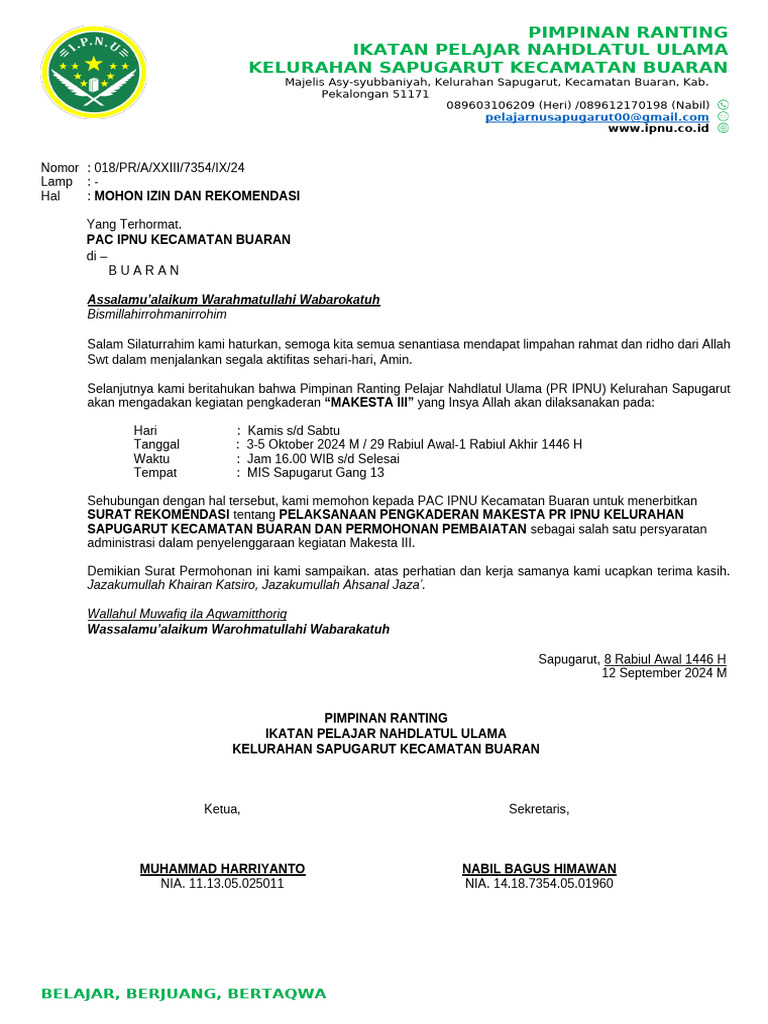 018 Mohon Ijin Rekomendasi Mbaiat Makesta-1 | PDF