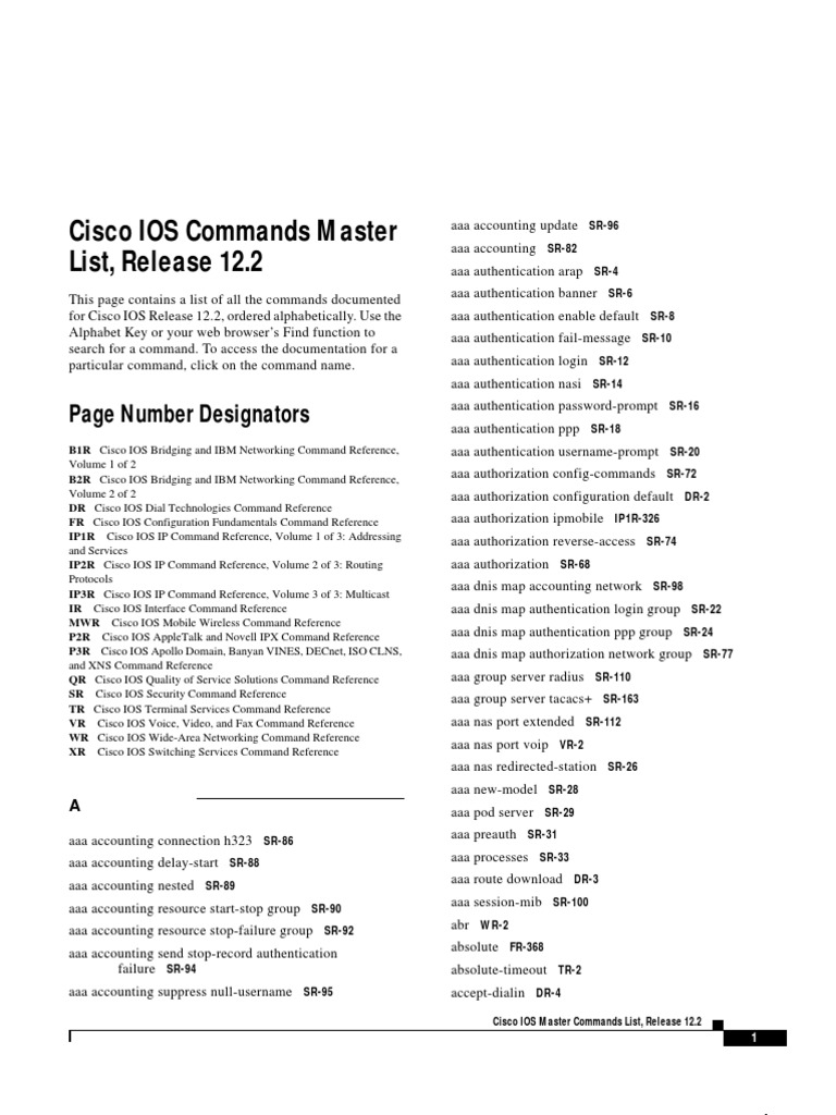 Cisco IOS Commands Master List, Release 12.2: Page Number Designators ...