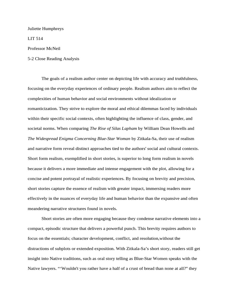 5-2 Close Reading Analysis Paper - Form and Realism | PDF