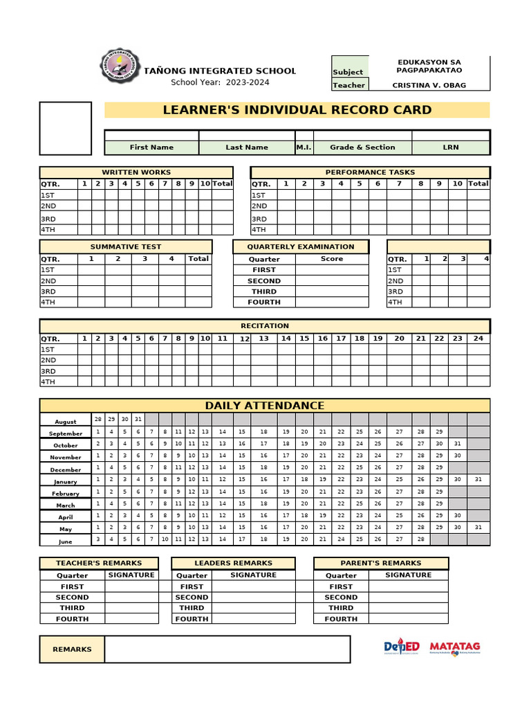 Learners Individual Record Card Esp | PDF