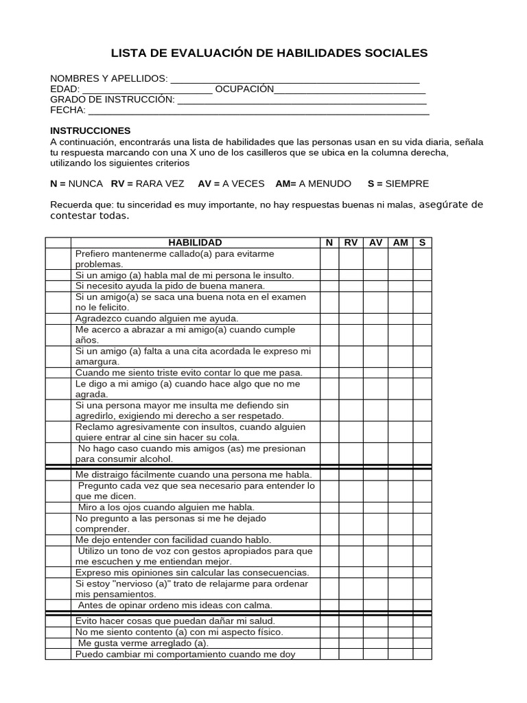 Lista de Evaluación de Habilidades Sociales | PDF | Crecimiento ...