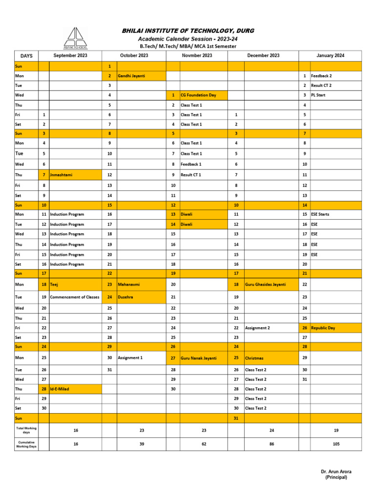 01 Academic Calendar BTech MTech MBA MCA 1st Sem 2023 | PDF