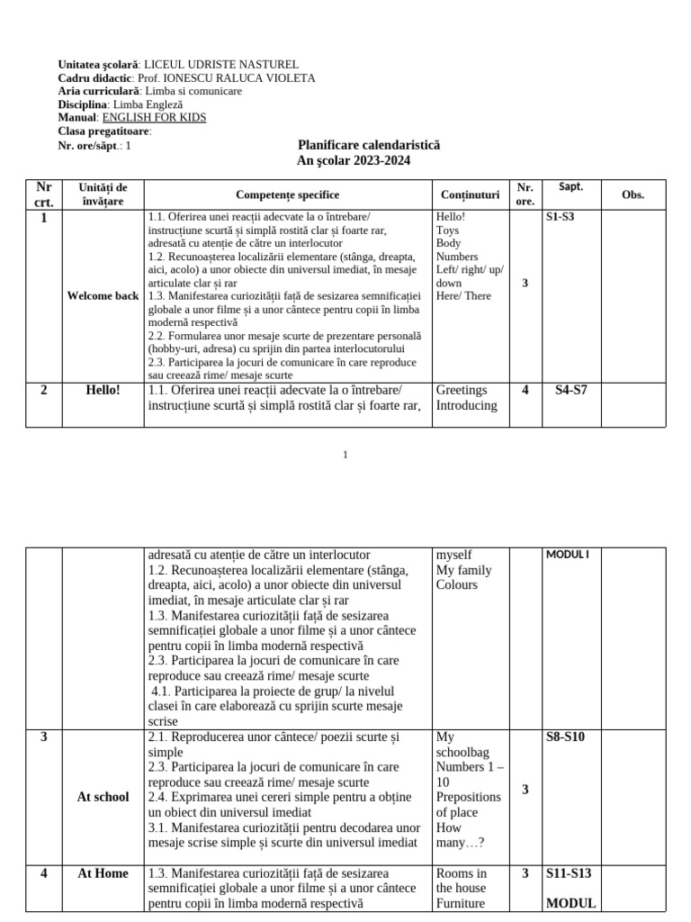 Planificare Clasa Pregatitoare | PDF