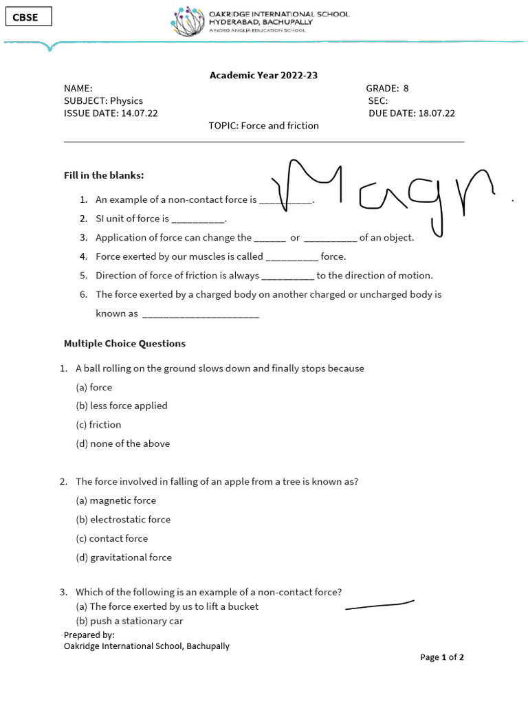 OISB_CBSE_GRADE8_Phy_Force and friction WS_2022-23 | PDF