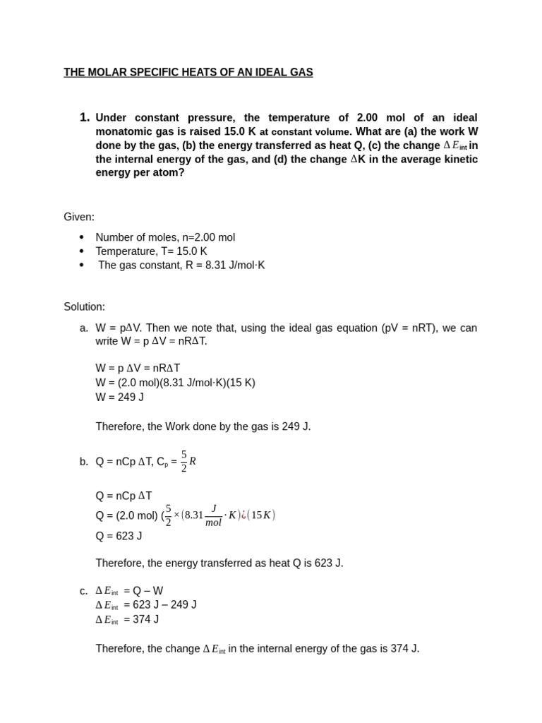 THE MOLAR SPECIFIC HEATS OF AN IDEAL GAS | PDF