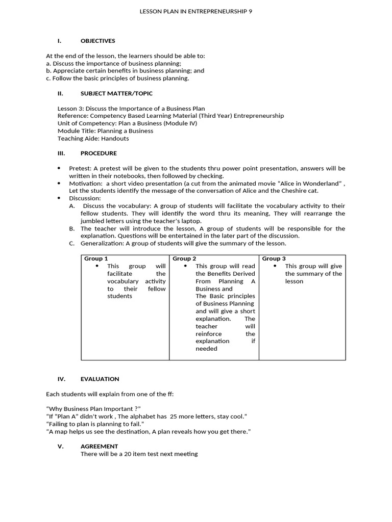 LESSON PLAN IN ENTREPRENEURSHIP 9 FEB 26 and MARCH 2 | PDF
