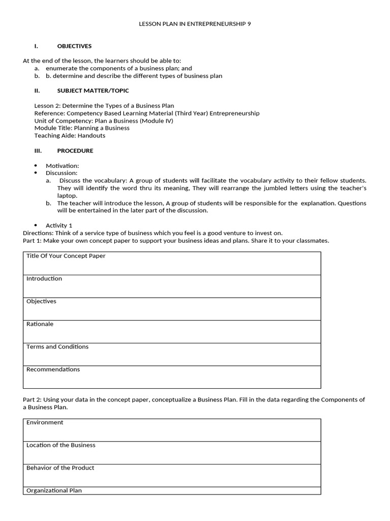 LESSON PLAN IN ENTREPRENEURSHIP 9 MARCH 2 and 4 | PDF