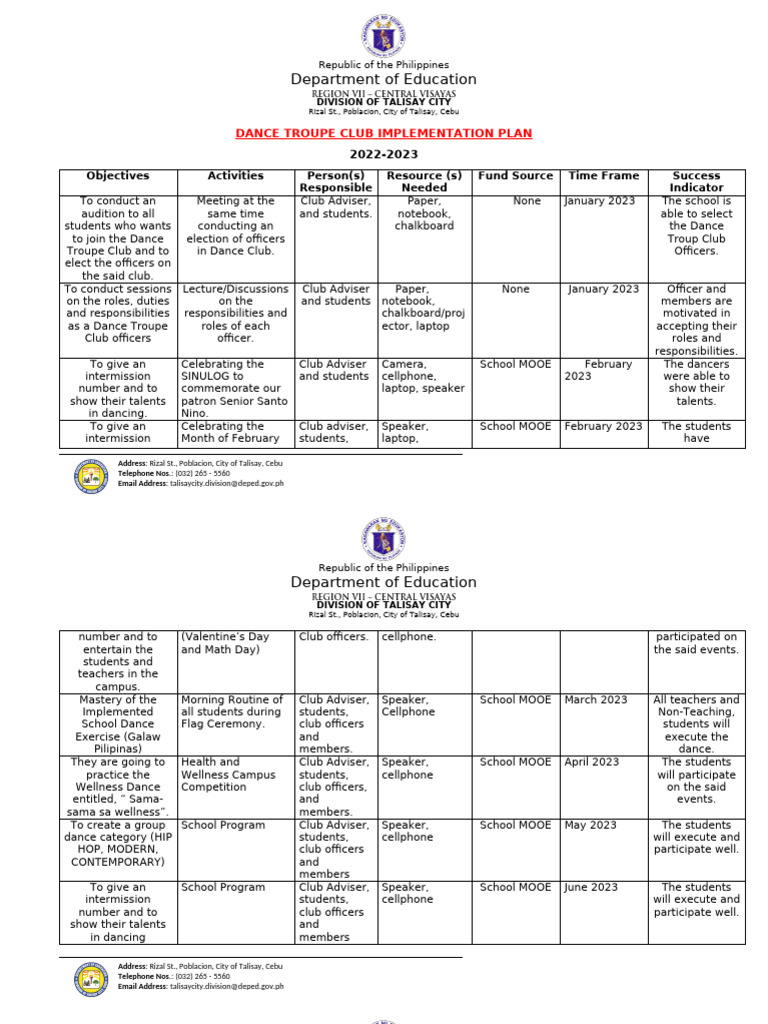 Dance Troupe Club Implementation Plan - 2022 2023 | PDF
