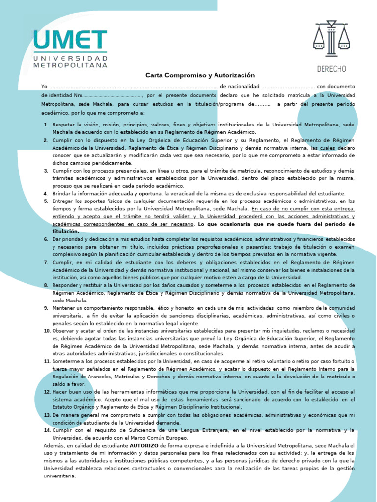 Carta Compromiso y Autorización UMET TITULACION | PDF