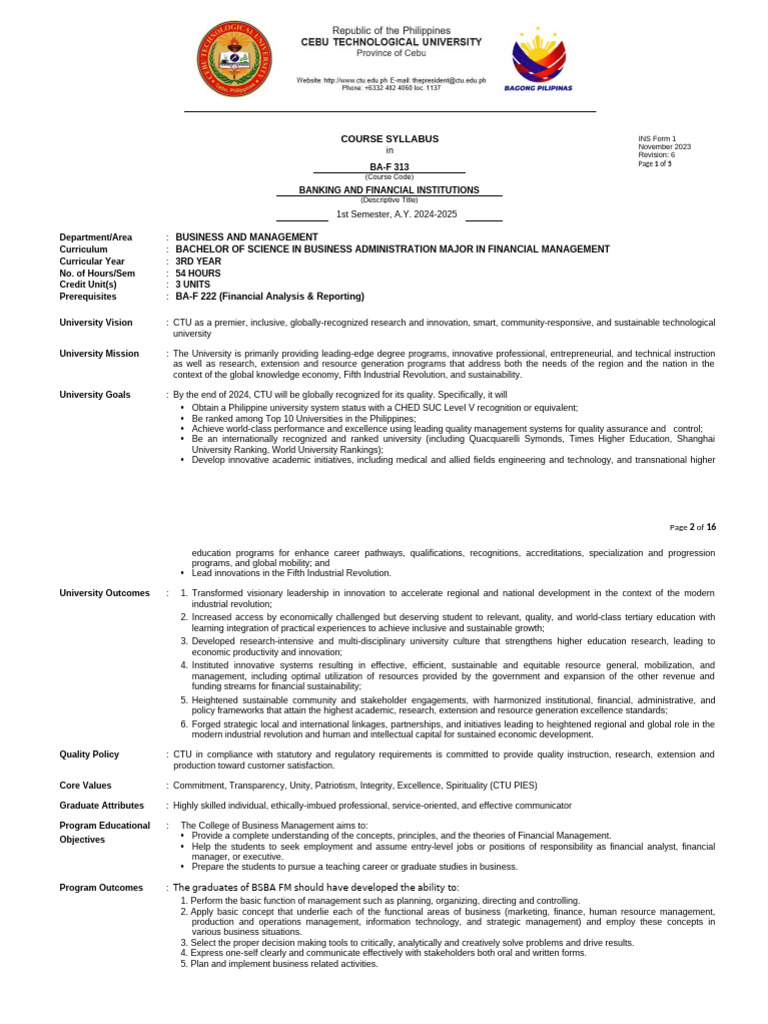 Banking and Financial Institutions Syllabus | PDF | Strategic ...