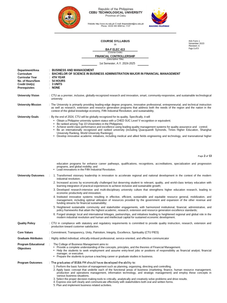 Financial Controllership Course Syllabus | PDF | Learning | Internet