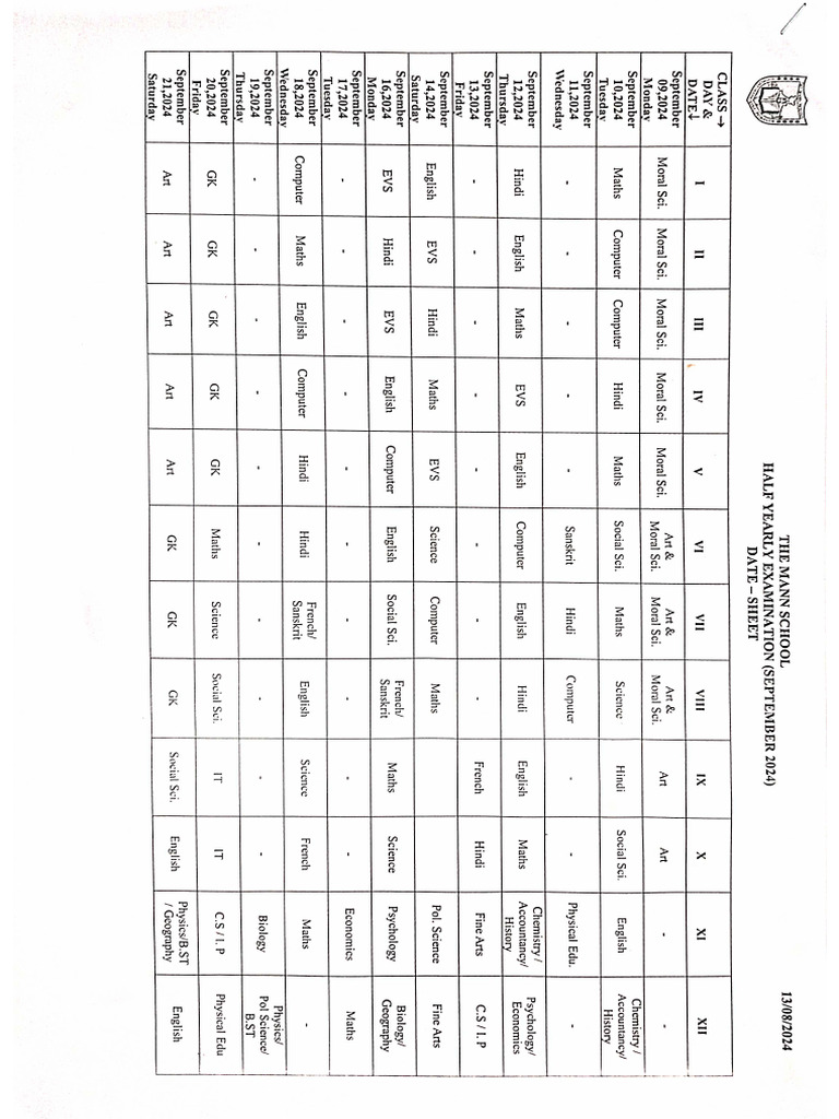 Half Yearly Date Sheet | PDF