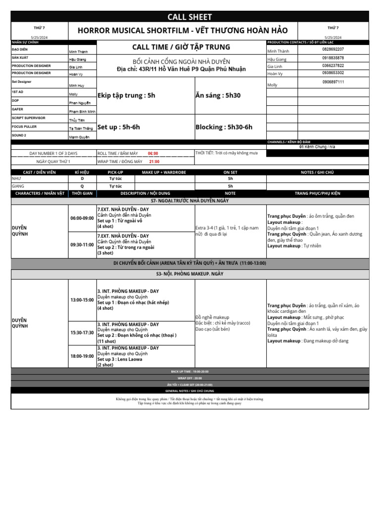 Callsheet - VTHH Day-1 | PDF