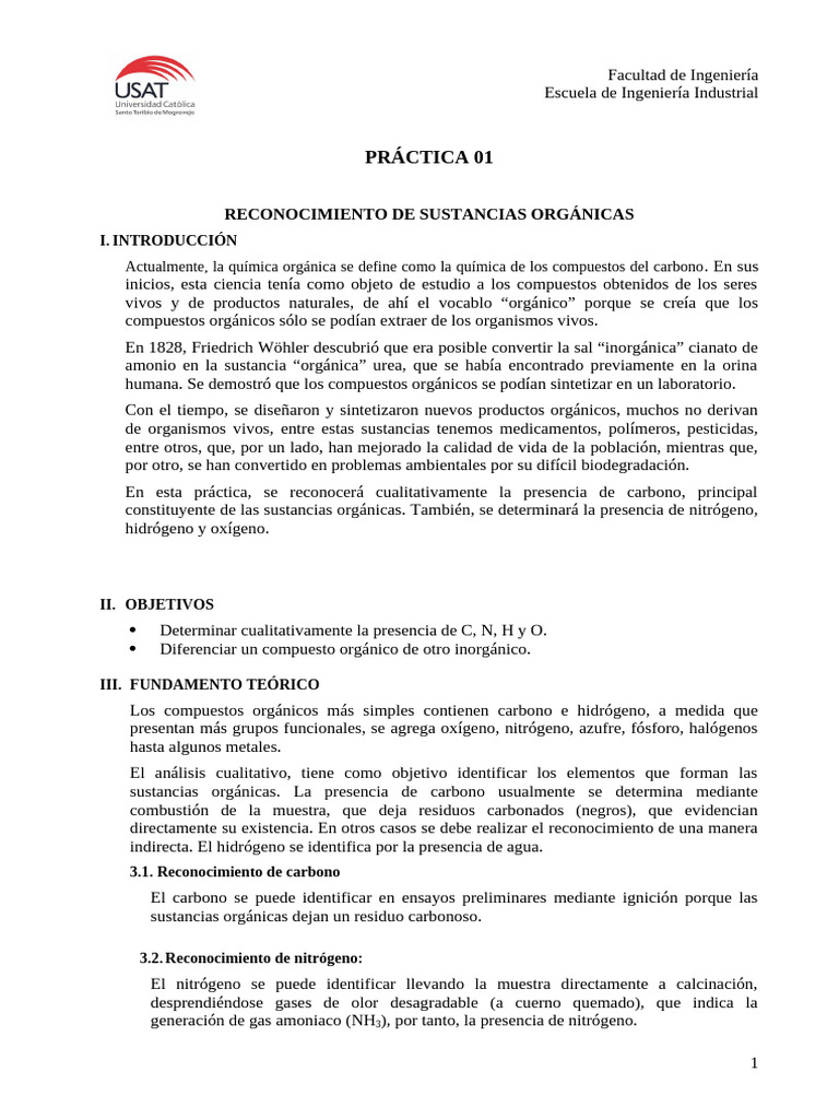 GuÃ A de Prã¡ctica 1. Reconociemiento de Sustancias Orgã¡nicas 2024 - II 2 | PDF